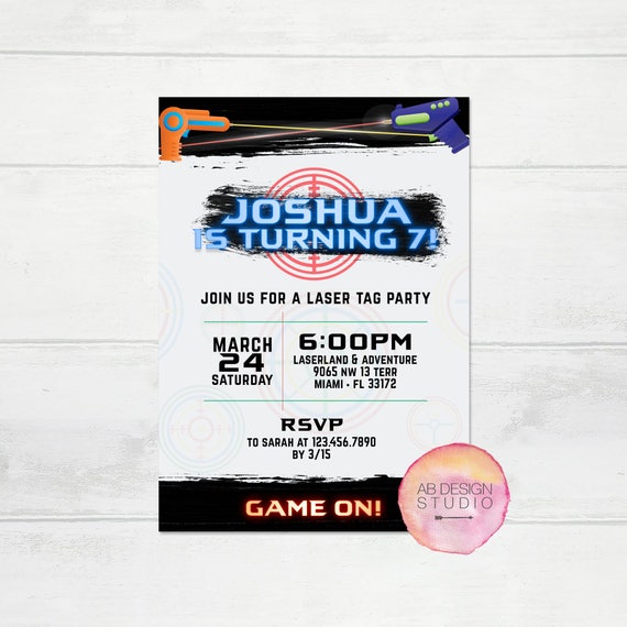 Laser Tag Birthday Invitations, Laser Gun Party Invite, Neon Party ...