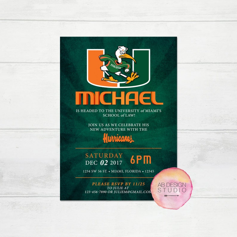 Miami Hurricanes Party Invitation, University of Miami Acceptance ...