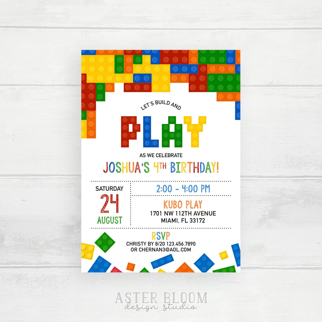 Colorful Brick Invitation Building Blocks Birthday Invite Stacked ...