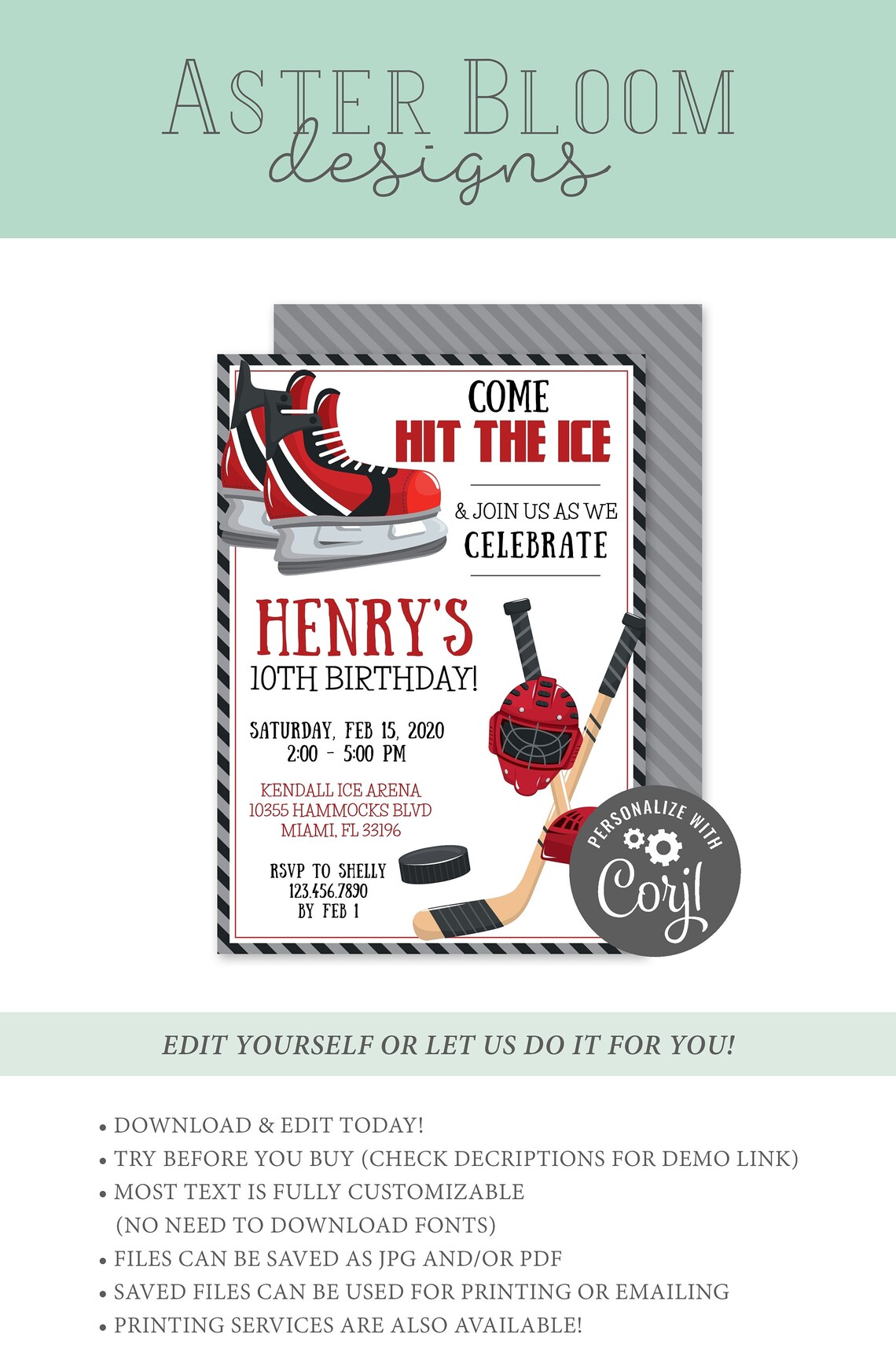 Hockey Birthday Invitation Skating Invitation Hockey Skates Editable ...