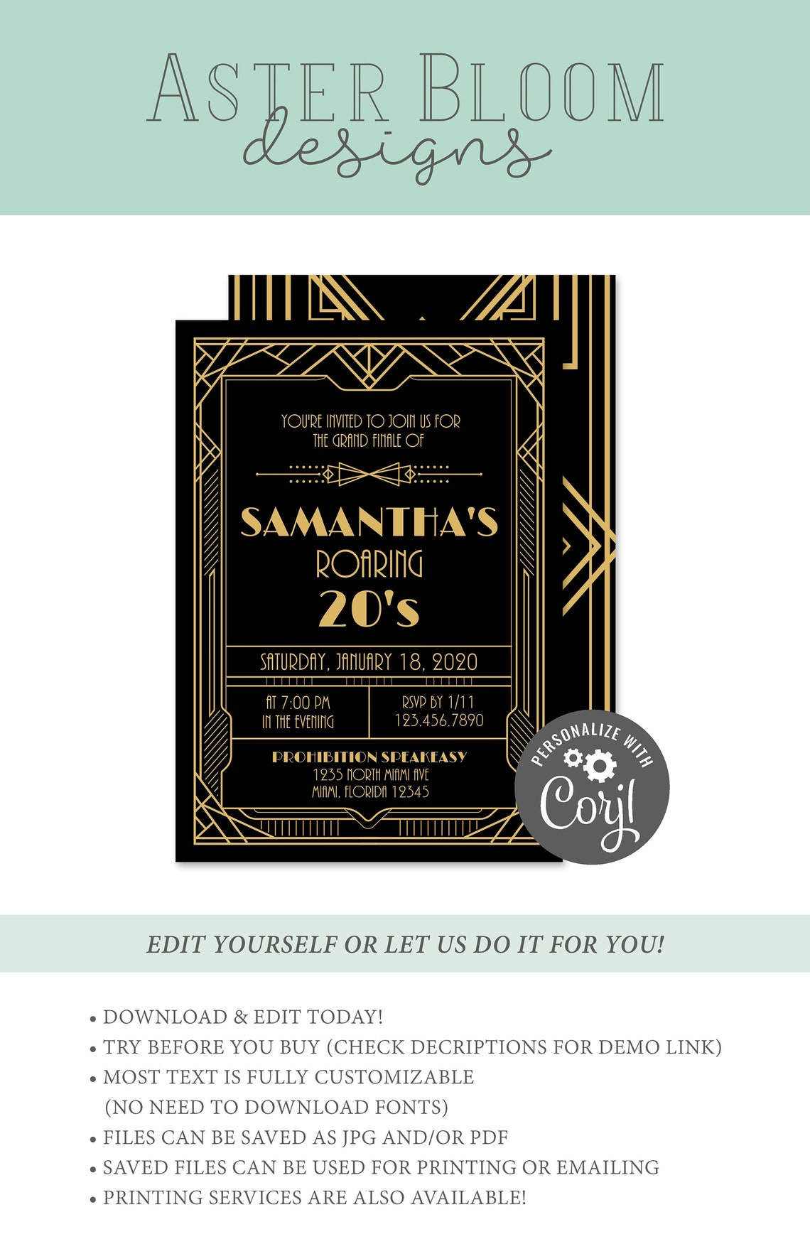 Art Deco Invitation Template Speakeasy Party Editable Invite - Etsy