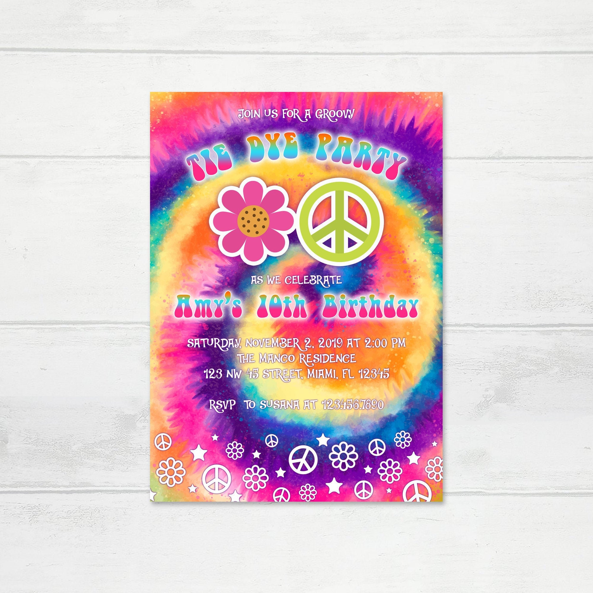 Hippie Birthday Invitation Tie Dye Party Invitations Hippie - Etsy