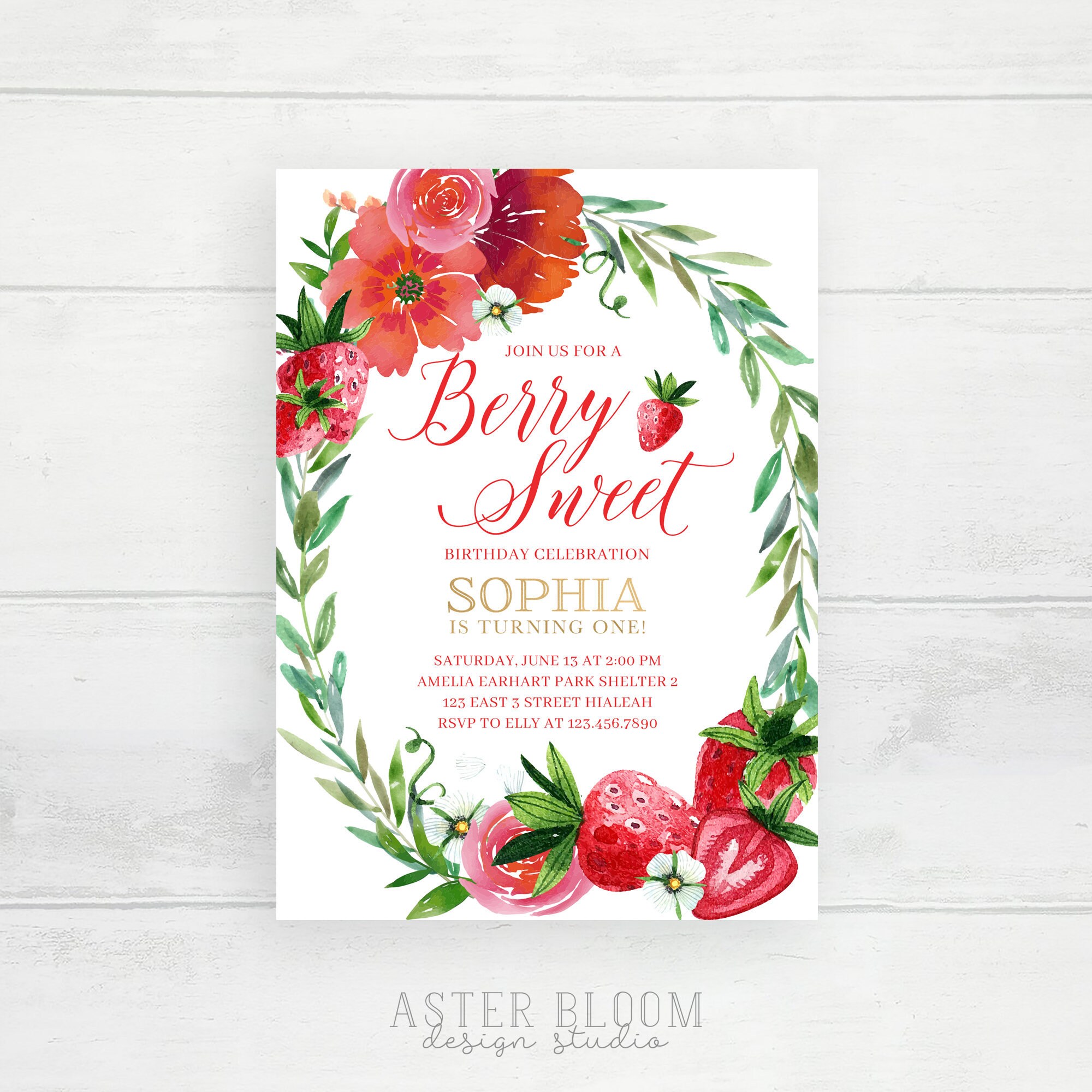 Strawberry Birthday Invitation Berry Sweet Party Invite | Etsy