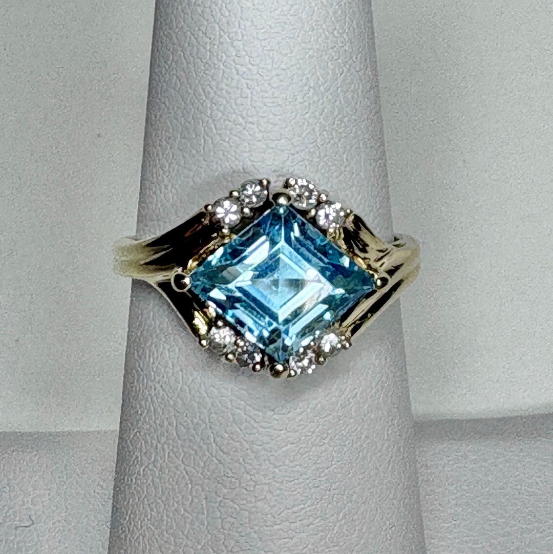 Fancy Rhombus Sky Blue Topaz and Diamond Ring Solid 14k Gold Size 6.25 ...