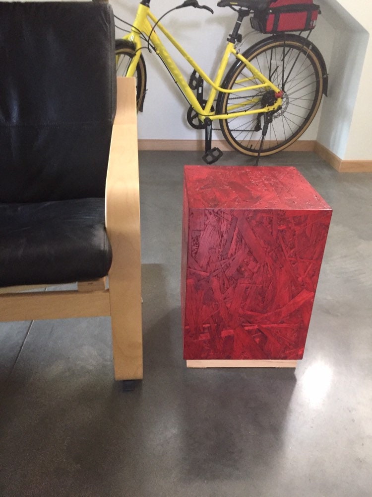 Pedestal 17"h X 11.5"sq. Red Tint OSB With Salvaged Wood Base, Called a ...