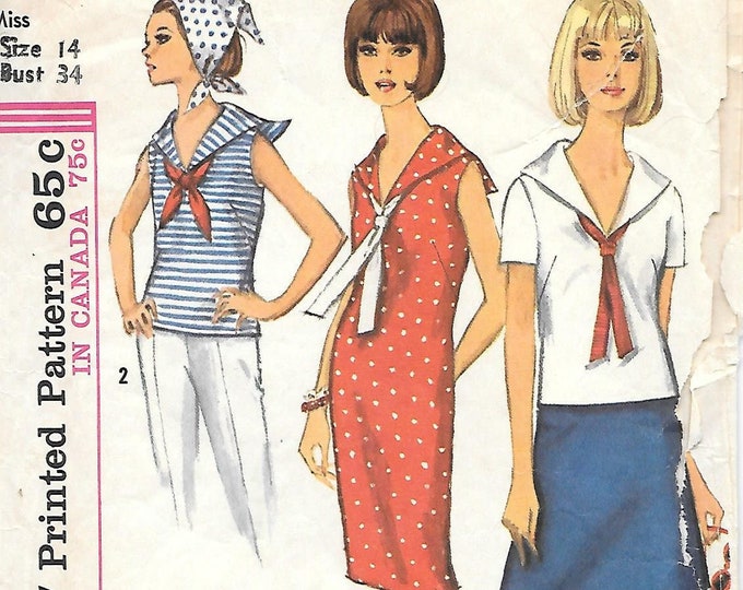 1960s Simplicity 5807 Sailor Dress Top and Skirt Vintage Sewing Pattern ...
