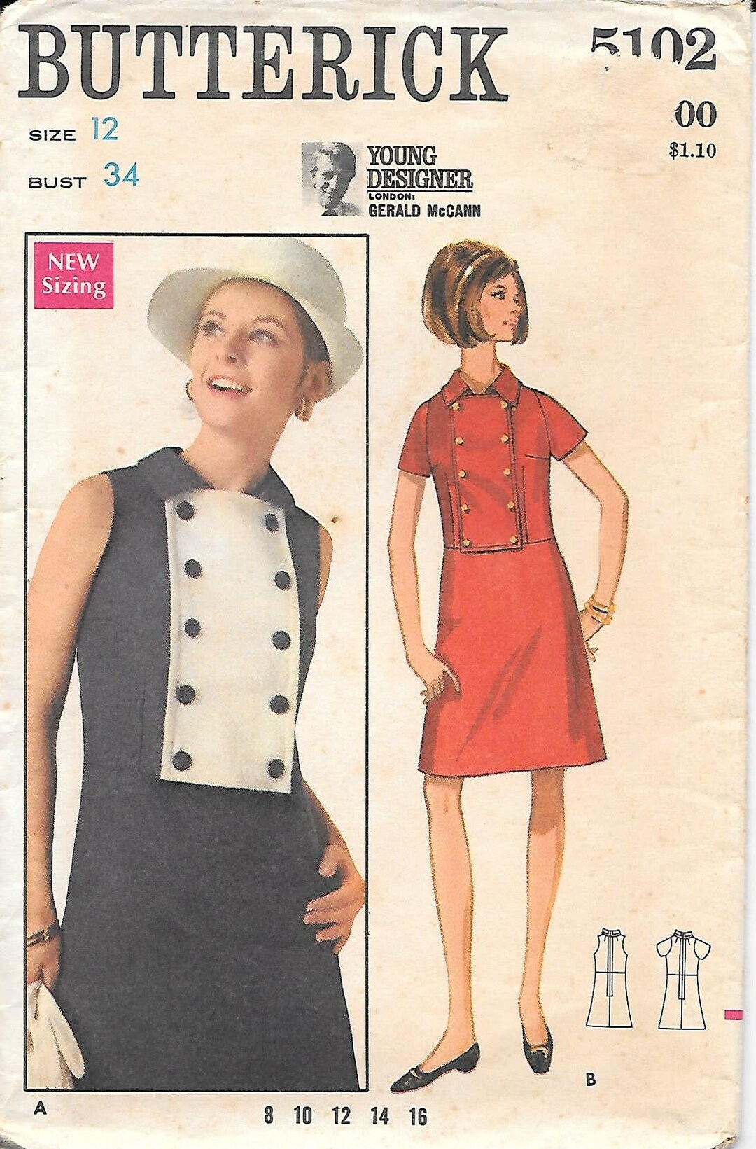 1960s Butterick 5102 Designer Military Look Dress Vintage Sewing ...