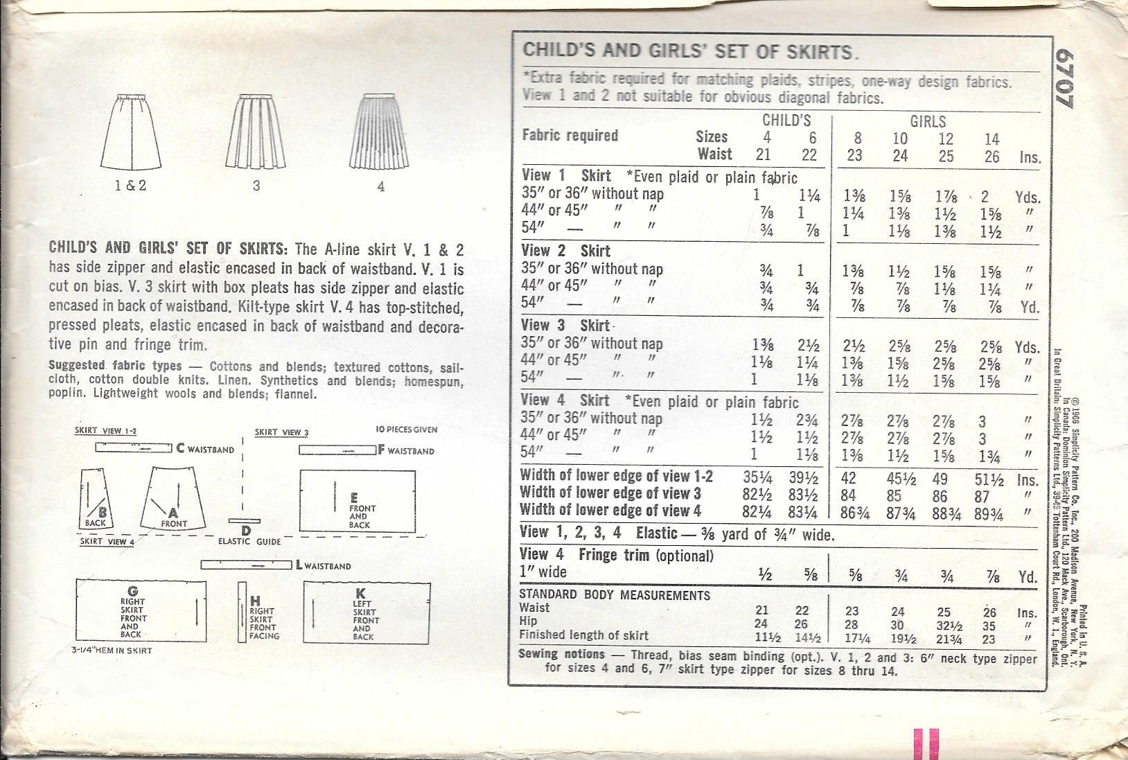 1960s Simplicity 6707 Kilt A-line or Pleated Skirt Vintage Sewing ...