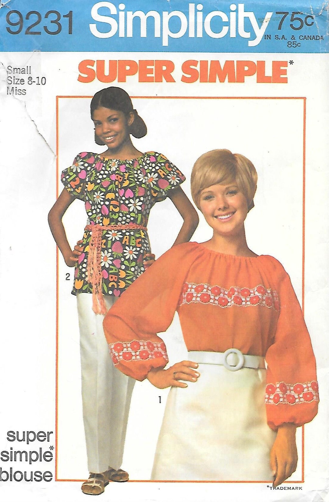 1970s Simplicity 9231 Peasant Blouse With Long or Short Puffed Sleeves Vintage Sewing Pattern ...