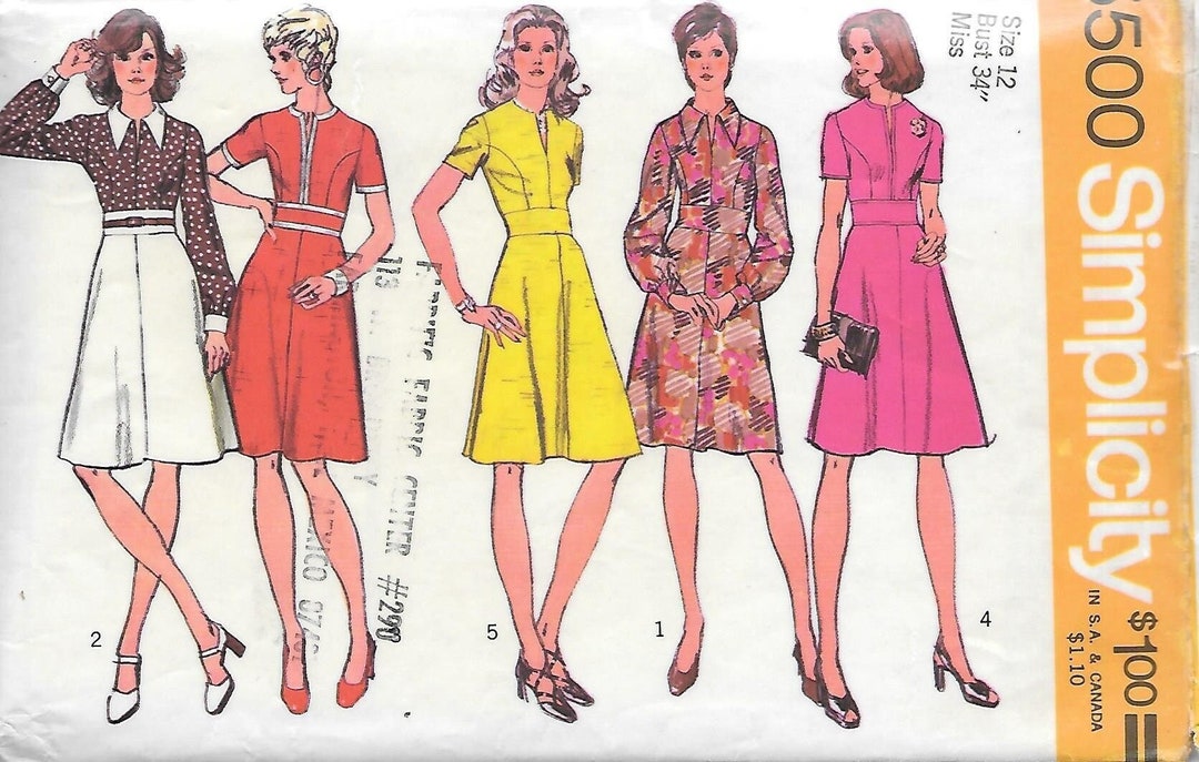 1970s Simplicity 5500 Misses Princess Seam Bodice Dress With Neck Slit Opening Vintage Sewing ...