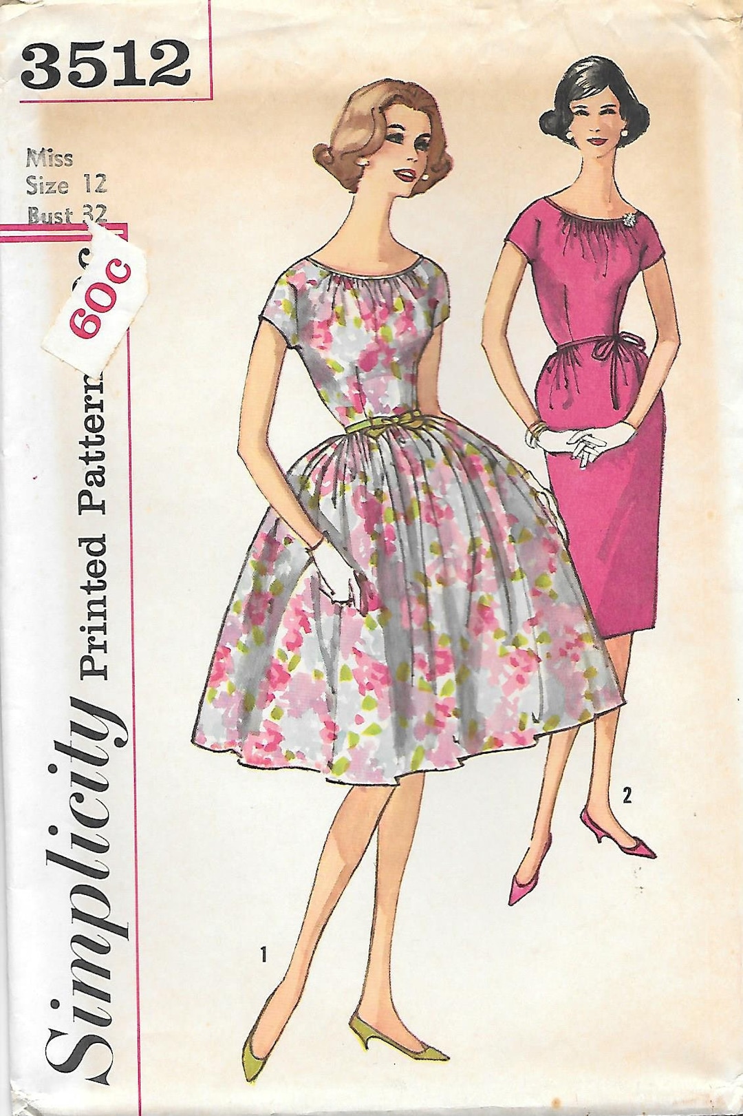 1960s Simplicity 3512 Gathered Neck Cocktail Dress With Two Skirts ...