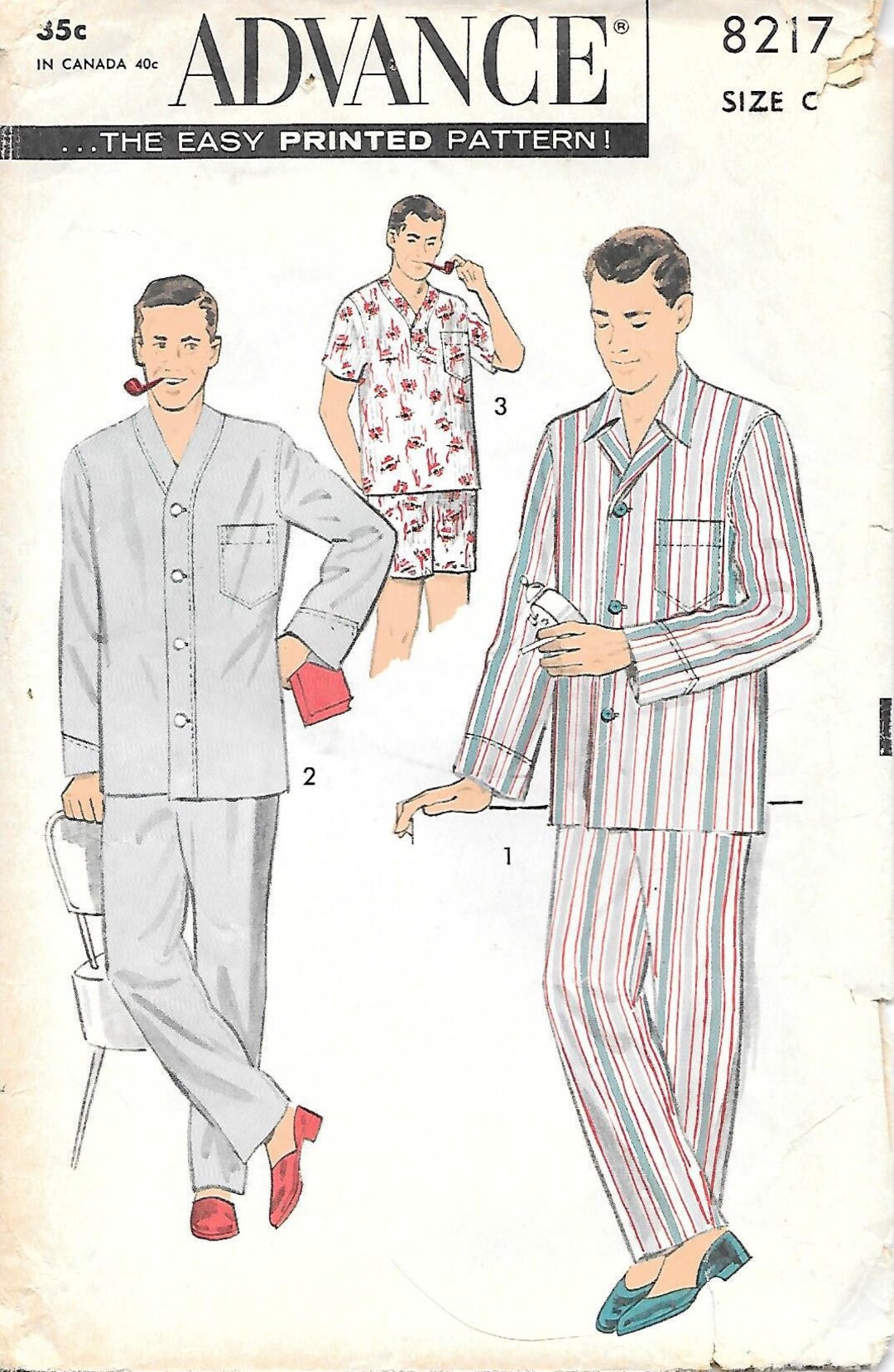 1950s Advance 8217 Mens Classic Pajamas With or Without Collar Vintage ...