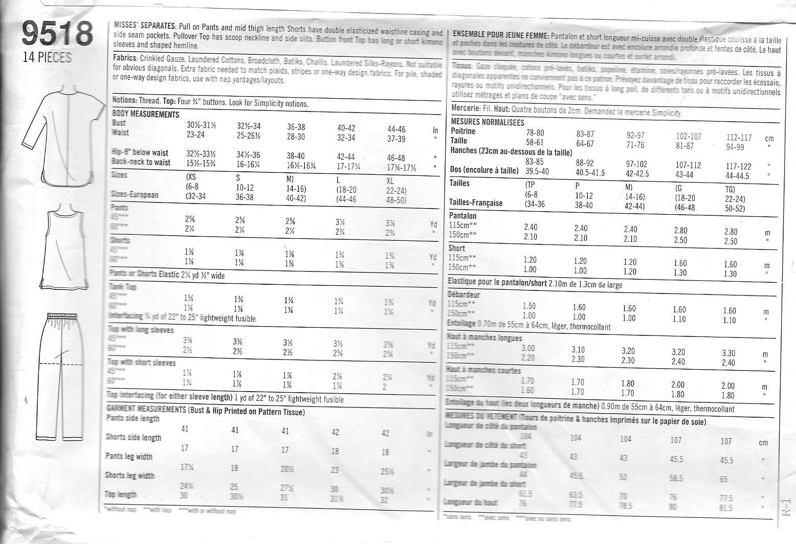 2000 Simplicity 9518 Easy to Sew Summer Shorts Pants Tank Top and Shirt ...