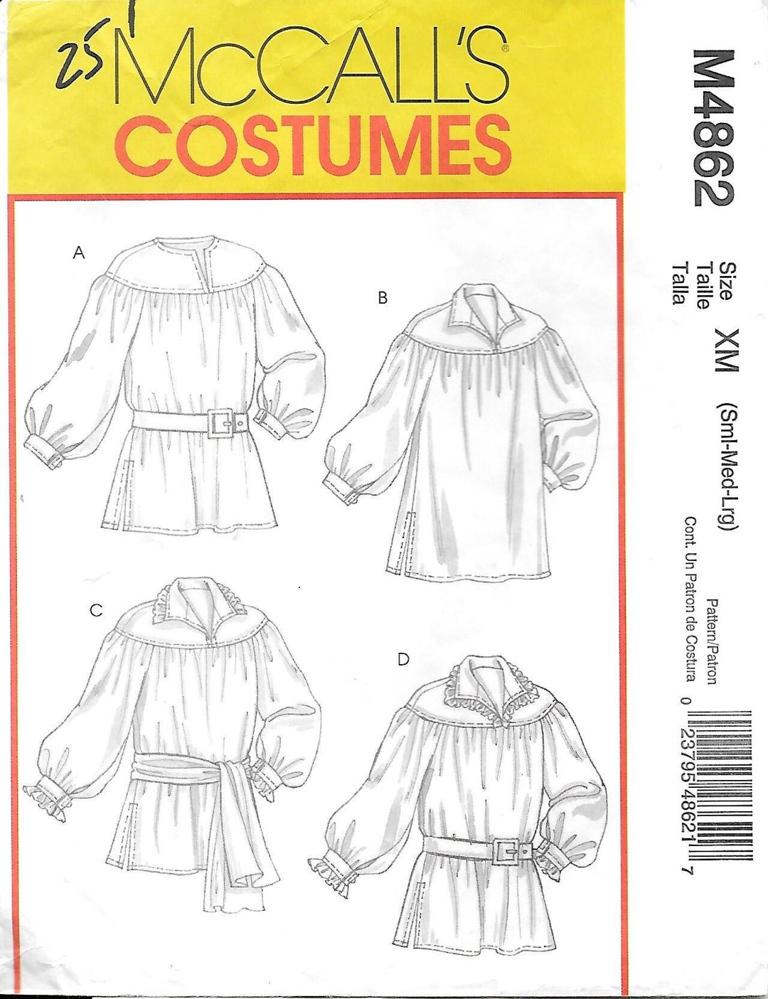 Poet Shirt and Sash Mccalls 4862 Sewing Pattern Sizes Small to Large ...