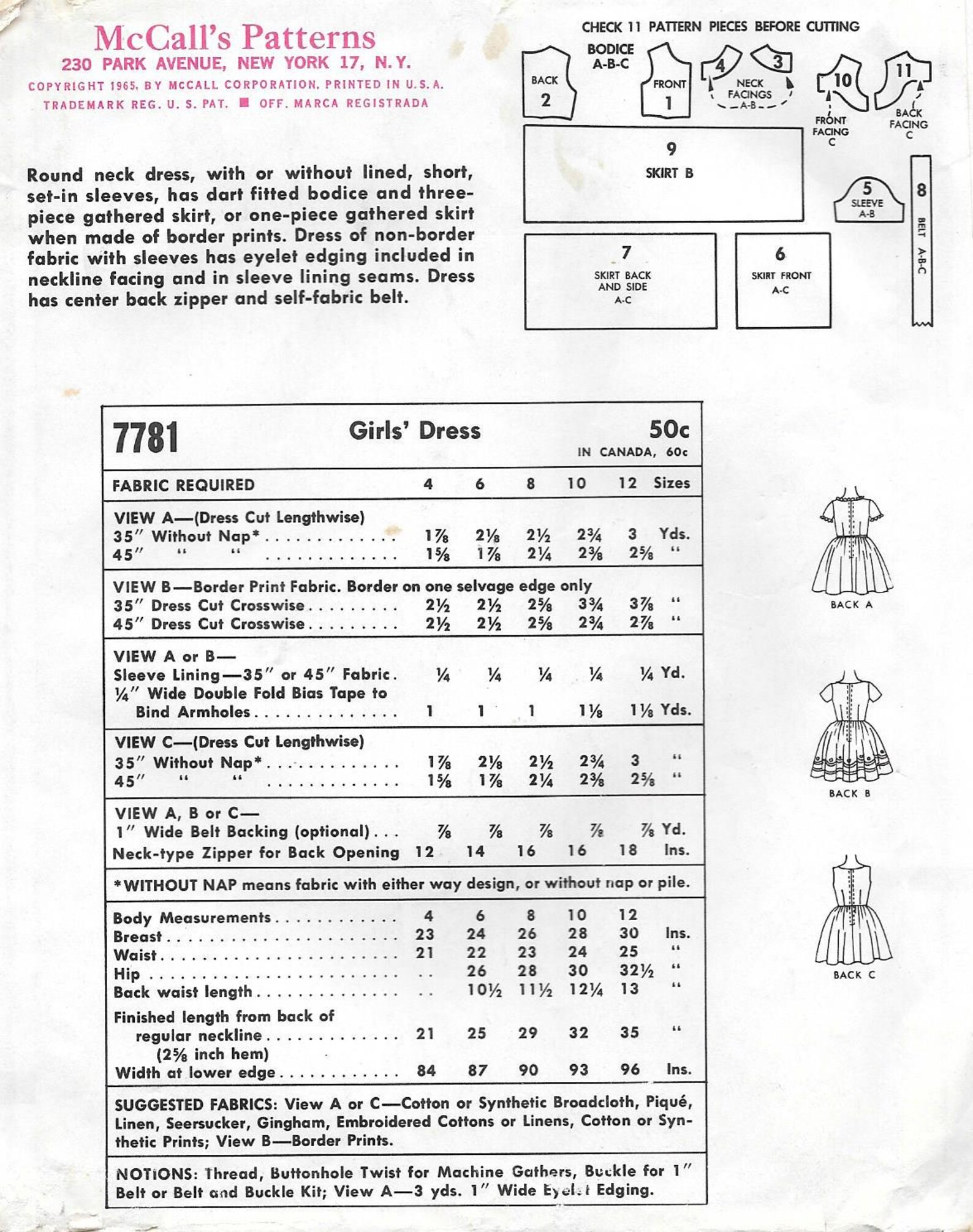 1960s Mccalls 7781 Girls Dress With Gathered Skirt Vintage Sewing ...