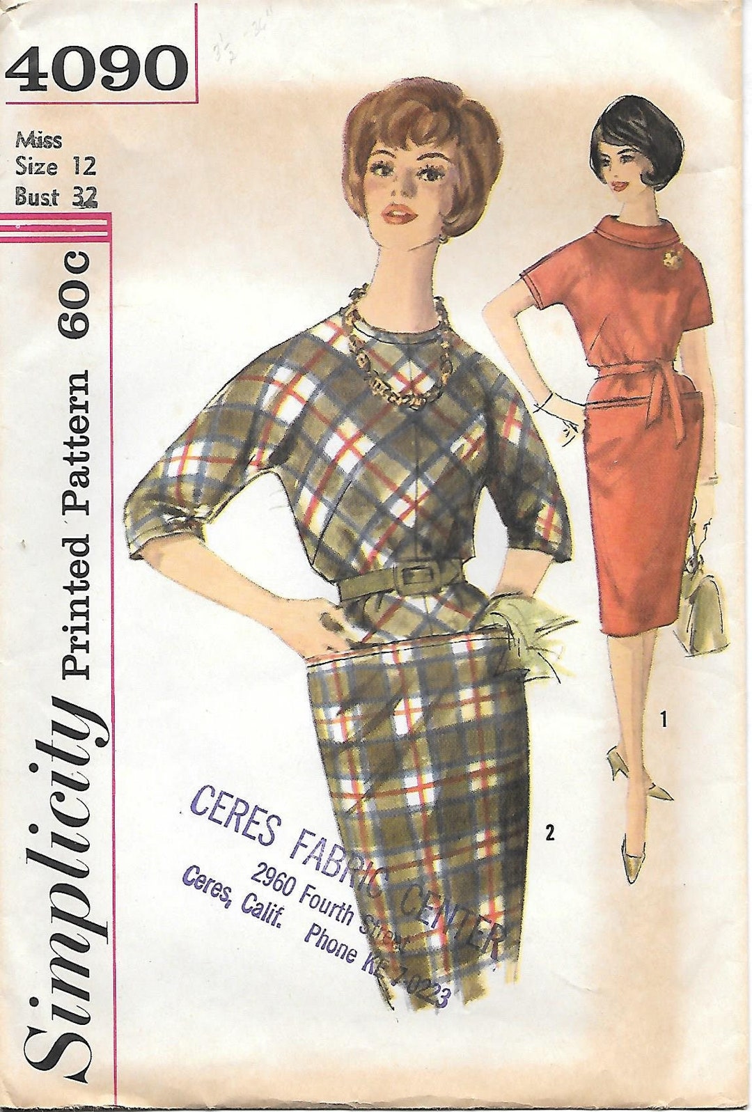 1960s Simplicity 4090 Kimono Sleeve Fitted Dress With Hip Pockets ...