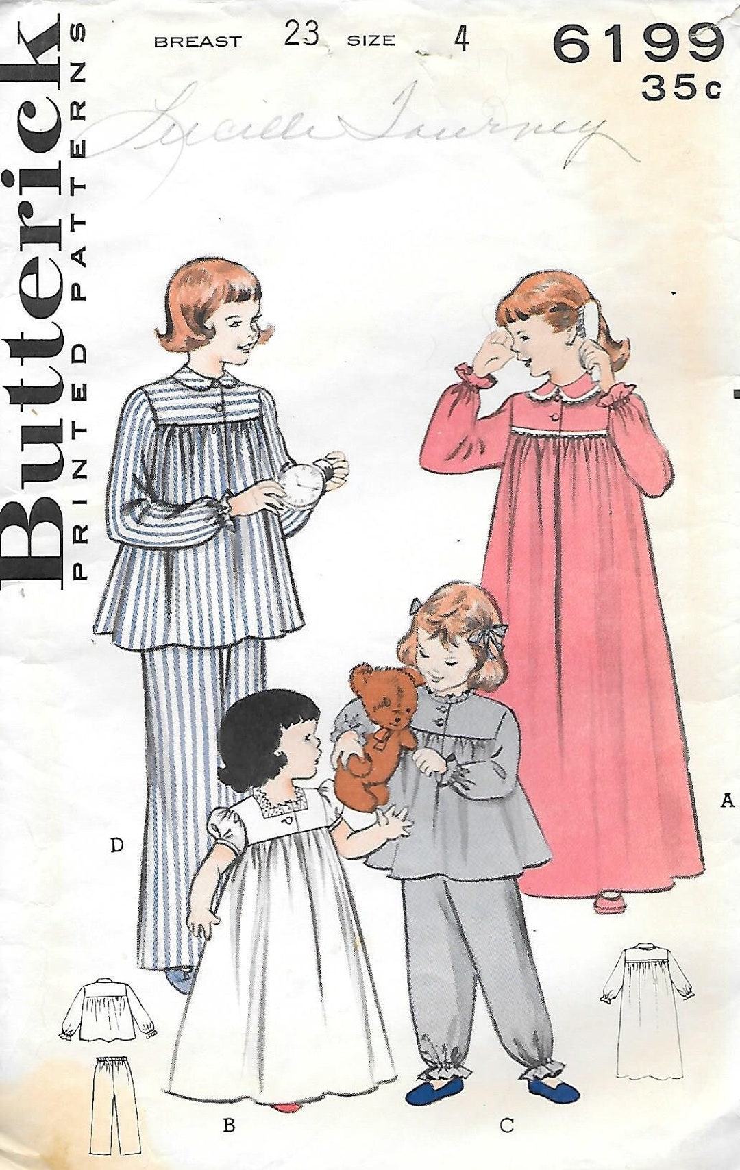 1950s Butterick 6199 Girls Nightgown and Pajamas Vintage Sewing Pattern ...