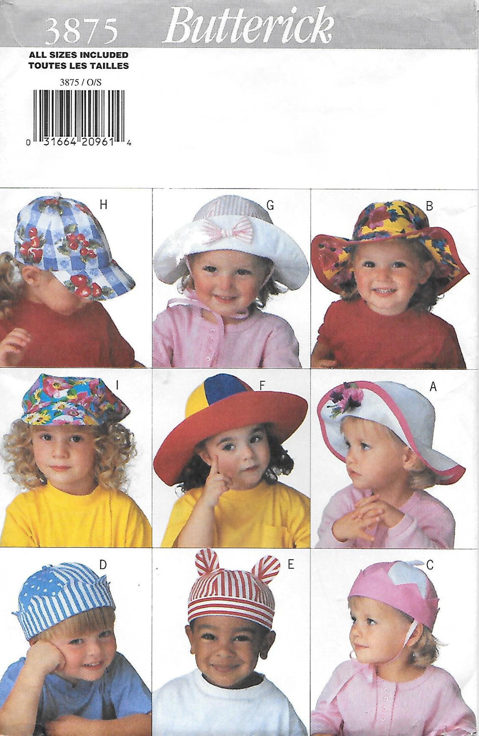 1990s Butterick 3875 Hats in All Sizes Sewing Pattern Head Sizes 21 1/2 ...