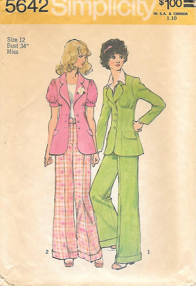1970s Simplicity 5642 Puffed Sleeve Jacket and Wide Leg Cuffed Pants ...