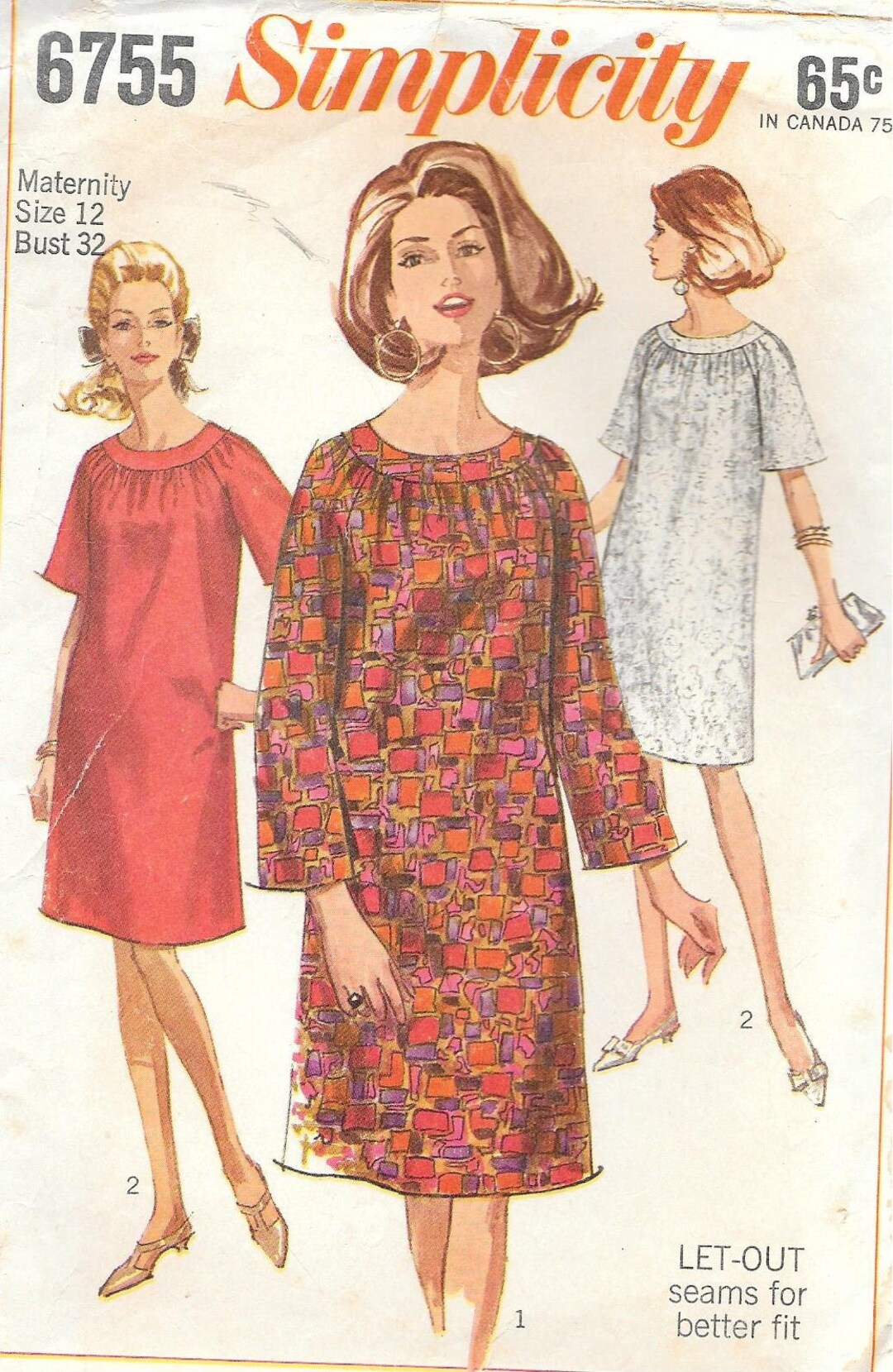 1960s Simplicity 6755 Maternity Gathered Neck Line Dress With Bell Shaped Sleeves Vintage Sewing ...