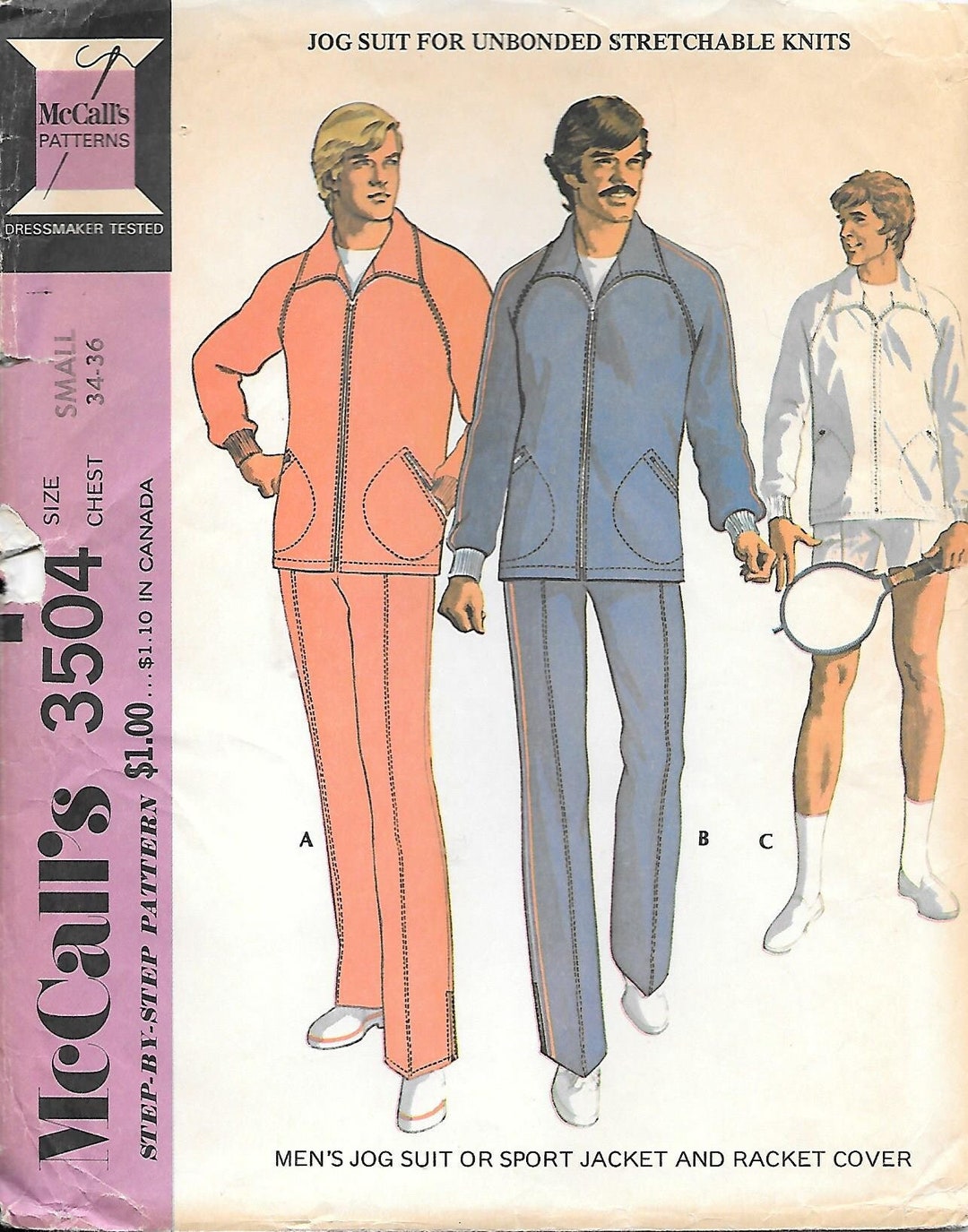 1970s Mccalls 3504 Mens Warm up Suit With Pants Shorts and Racket Cover ...