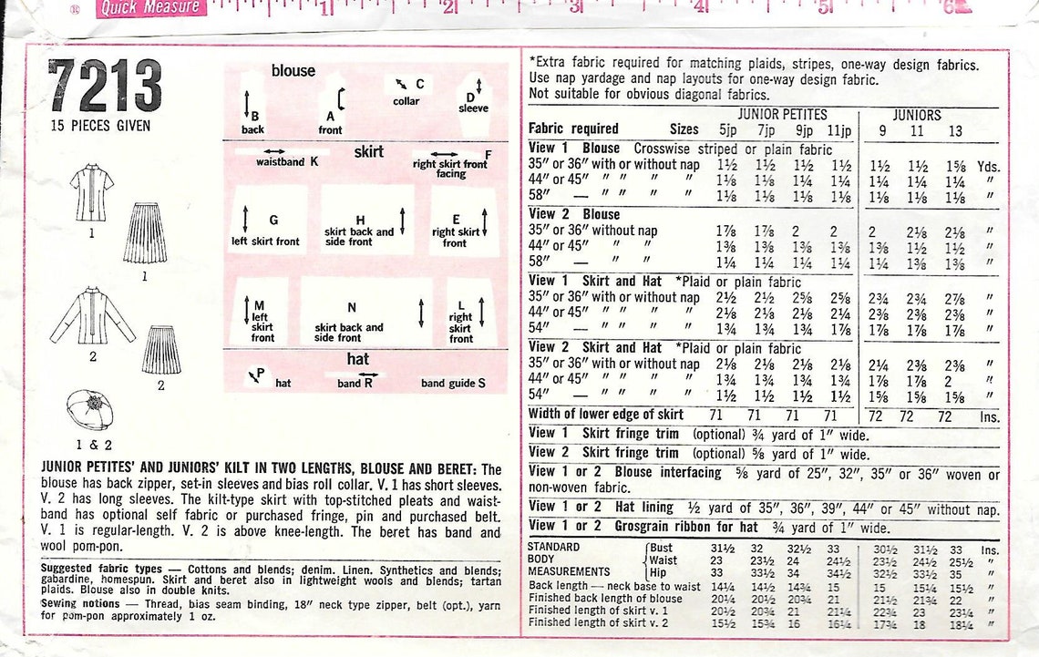 1960s Simplicity 7213 Kilt Beret and Bias Roll Collar Top Vintage ...