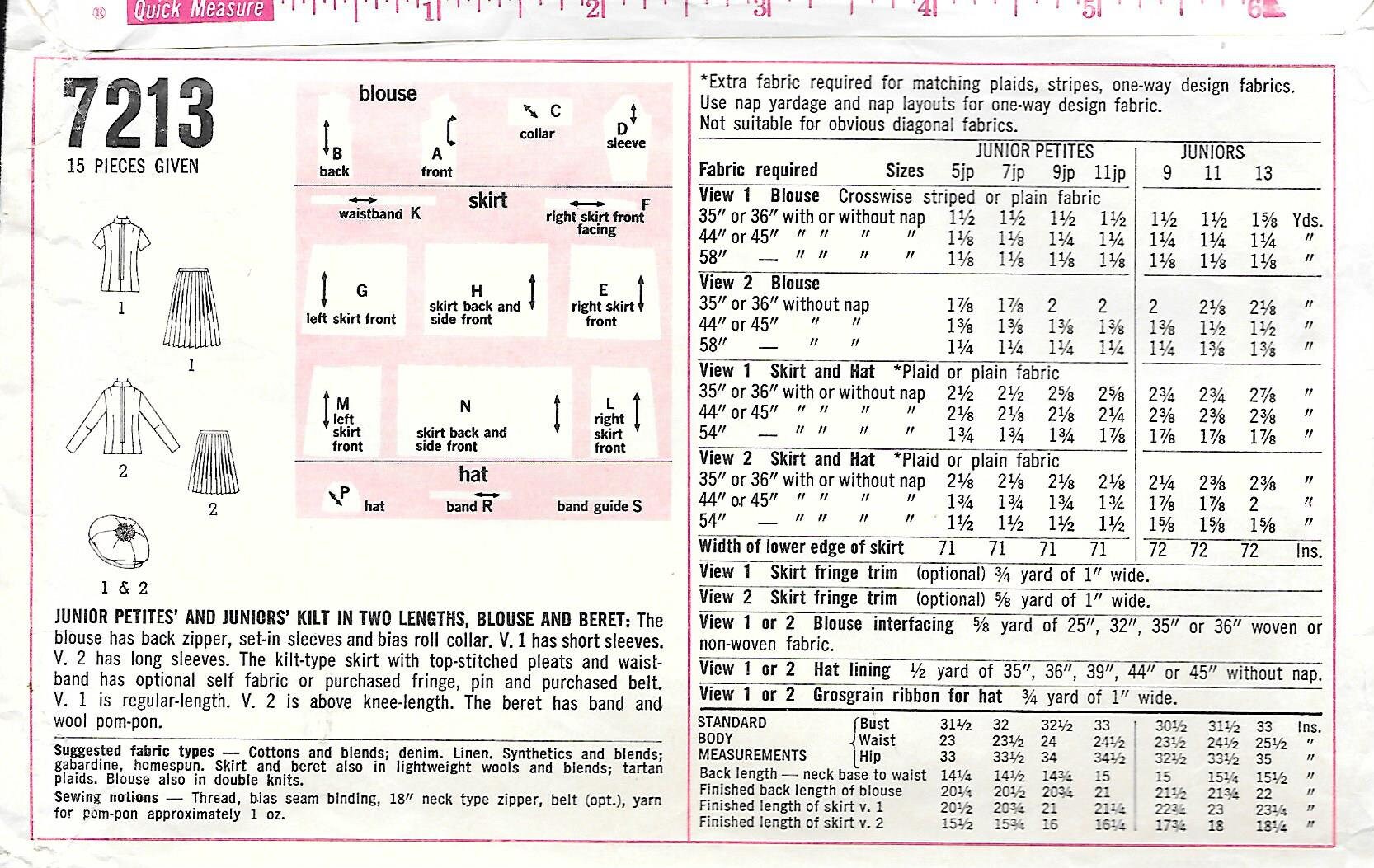 1960s Simplicity 7213 Kilt Beret and Bias Roll Collar Top Vintage ...