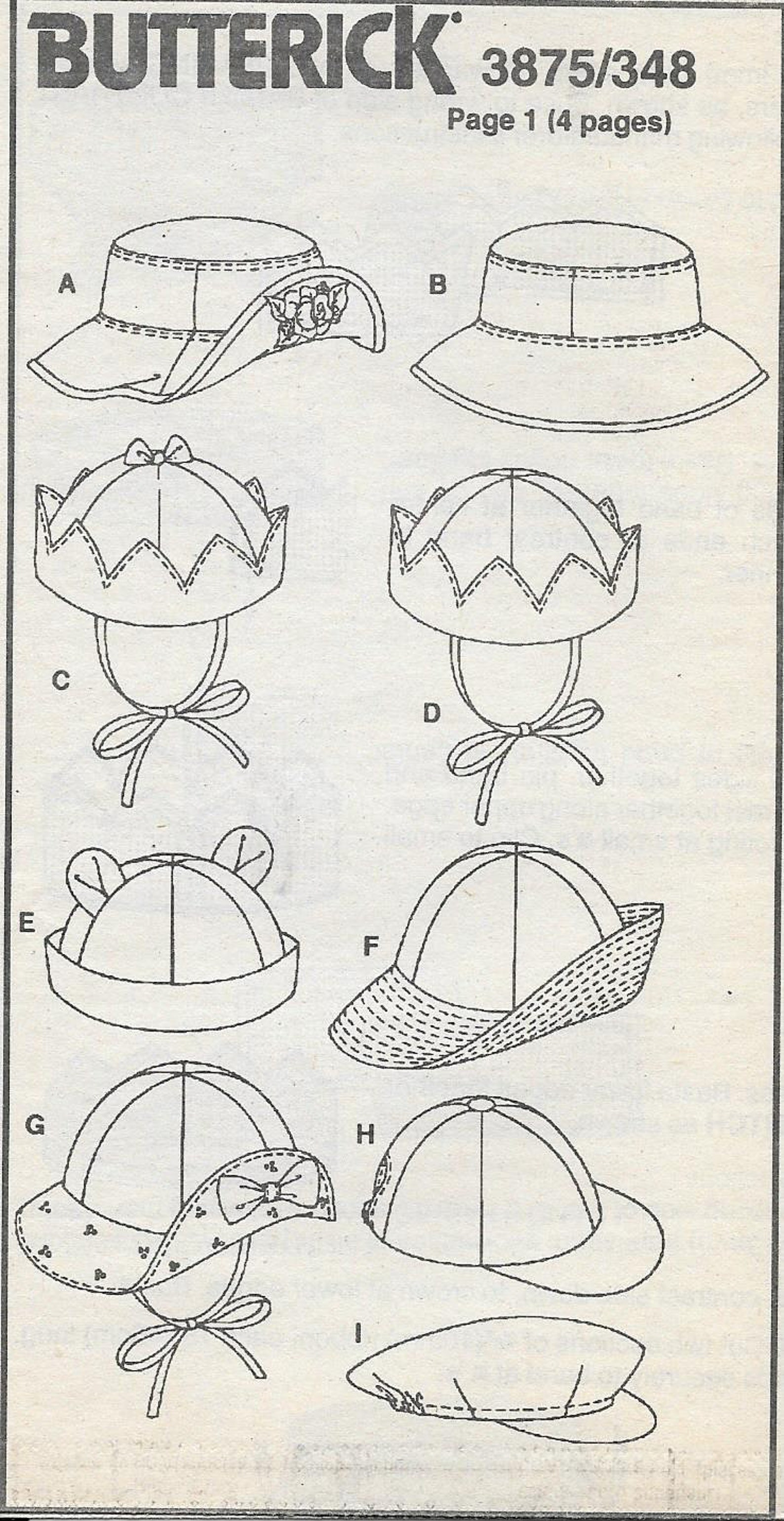 1990s Butterick 3875 Hats in All Sizes Sewing Pattern Head Sizes 21 1/2 ...