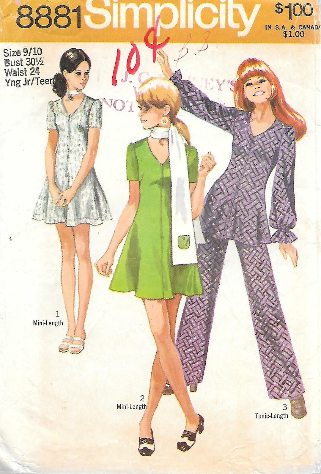 1970s Simplicity 8881 V Neck Flared Skirt Mini-dress or Tunic Pants and ...
