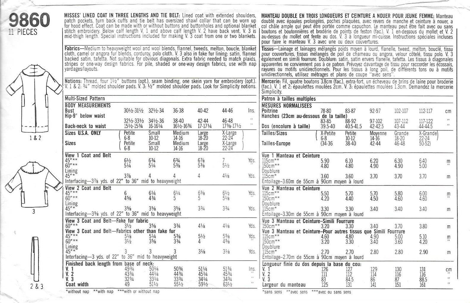 1990s Simplicity 9860 Shawl Collar Coat With Buttons or Belt - Etsy