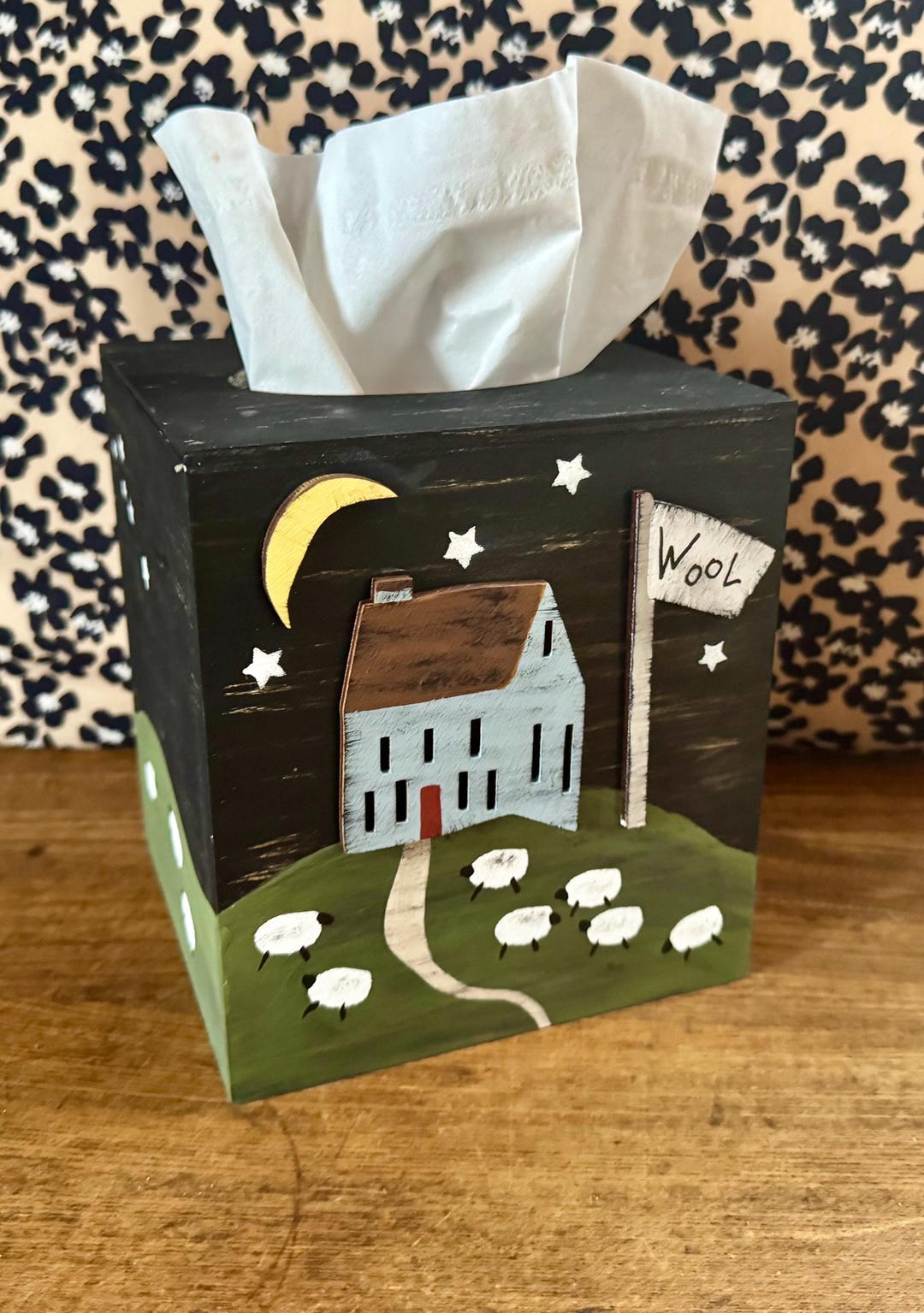 Hand Painted Wood Tissue Box Cover: Primitive Sheep Folk Art Wool Farm ...
