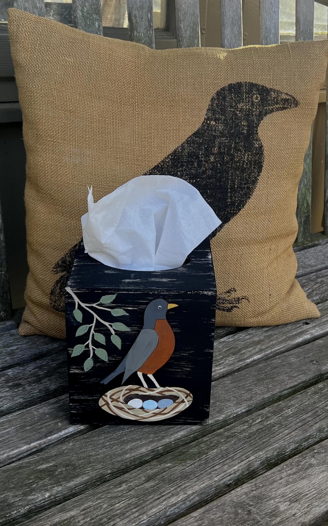 ROBIN & NEST Rustic Tissue Box Cover/hand Painted Wood/primitive ...