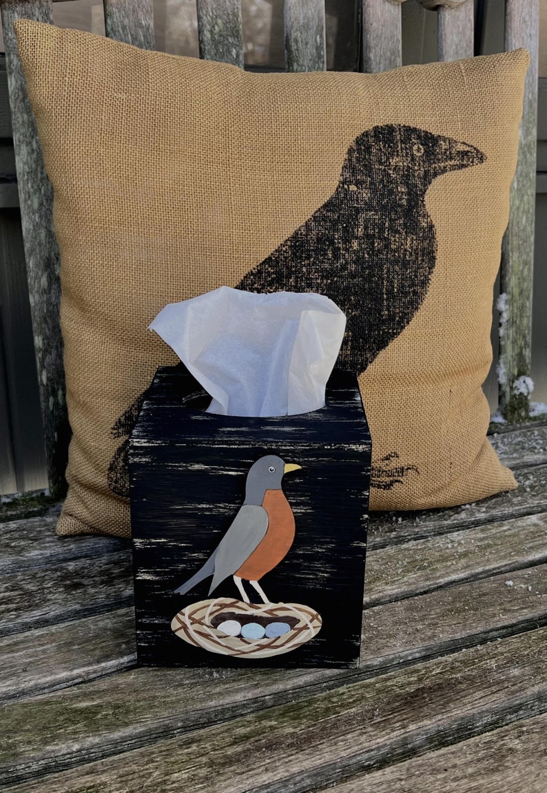 Robin & Nest TISSUE BOX COVER Rustic Primitive Distressed Black/hand ...