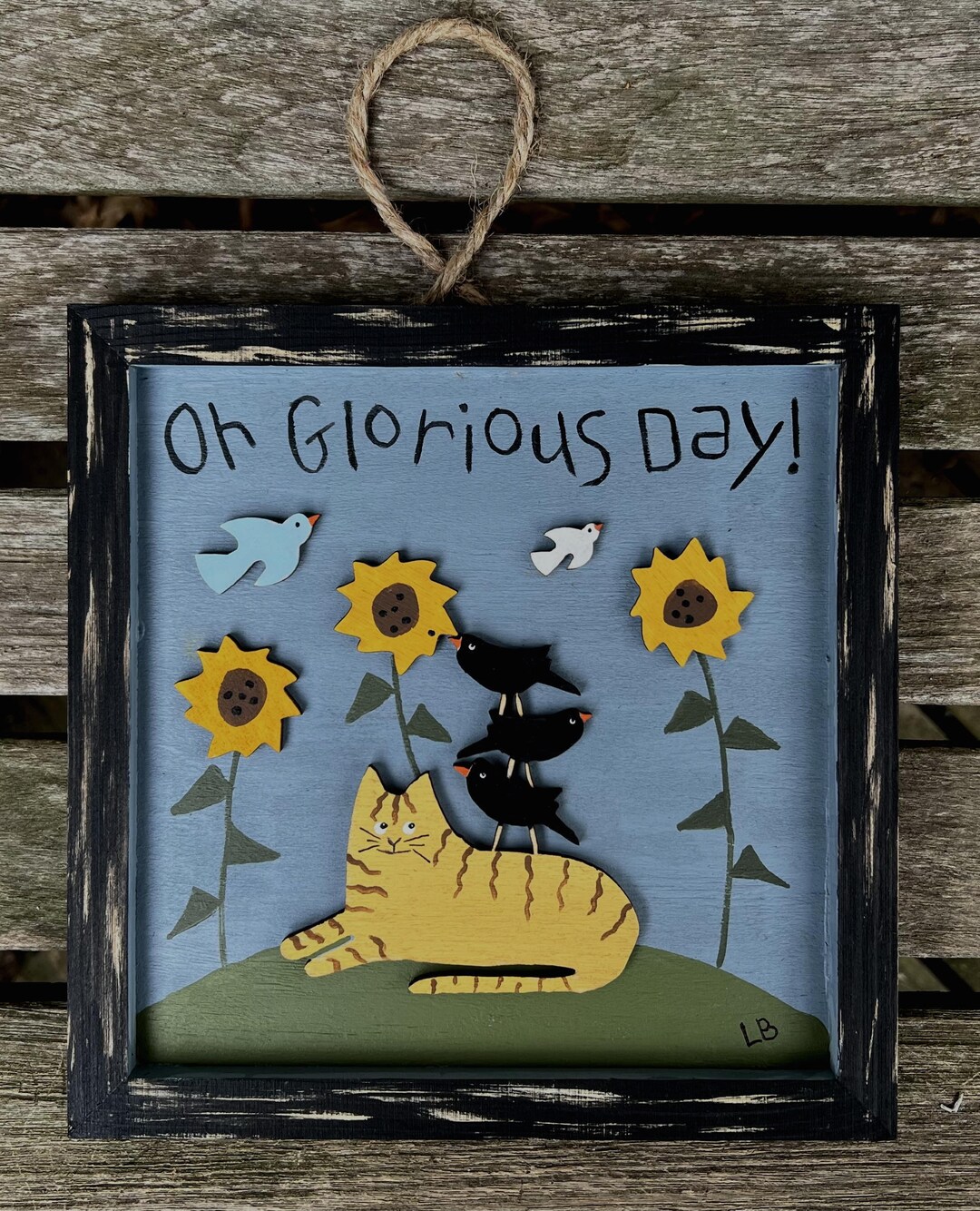 Hand Painted Primitive Folk Art Cat & Crows Painting/oh Glorious Day ...