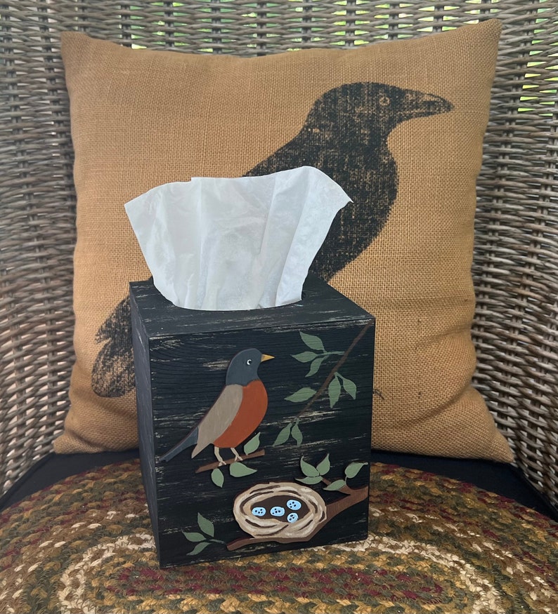 Robin & Nest TISSUE BOX COVER Rustic Primitive Distressed Black/hand ...