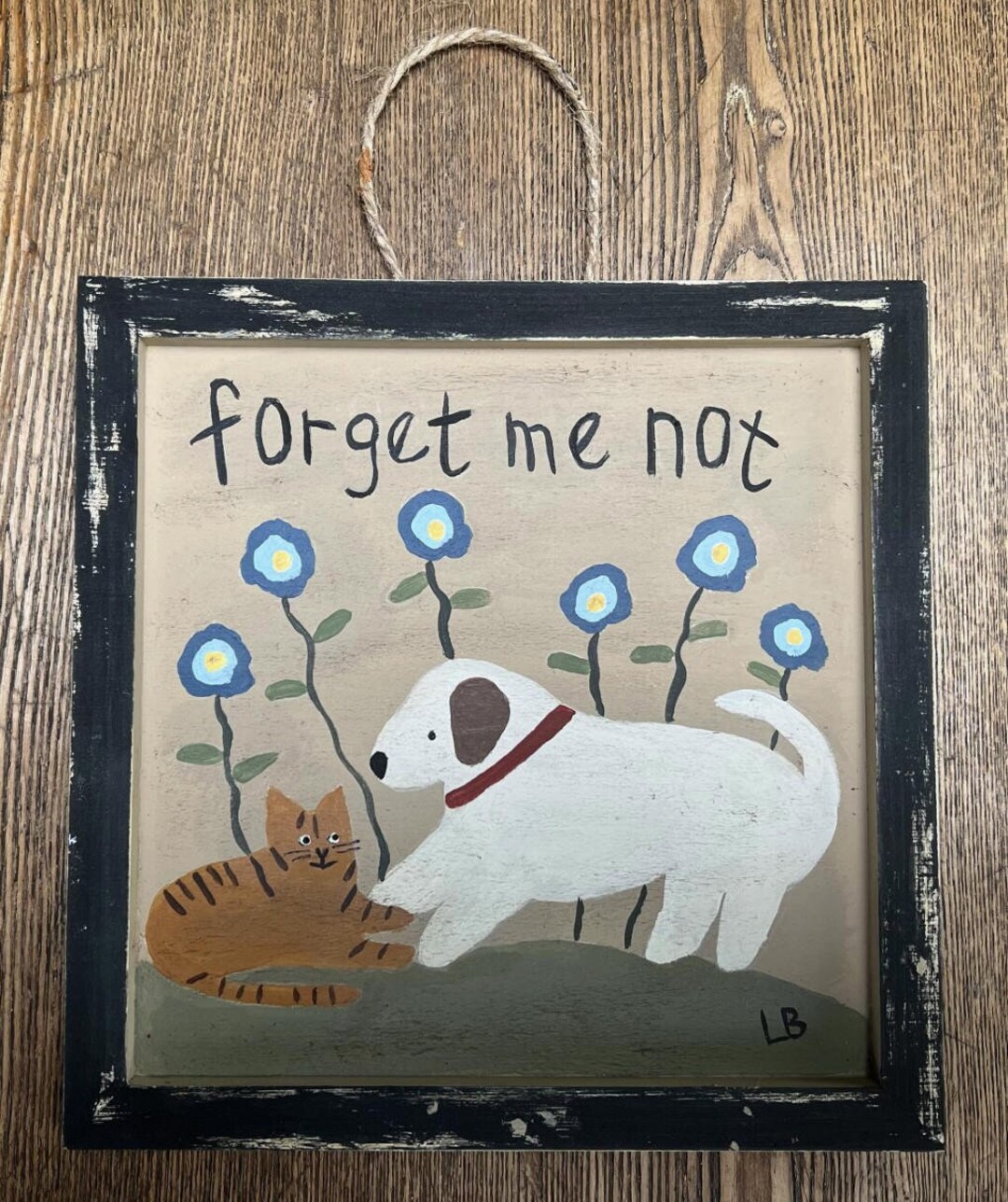PRIMITIVE DOG & CAT Sign/original Wood Hand Painting/forget Me Not - Etsy