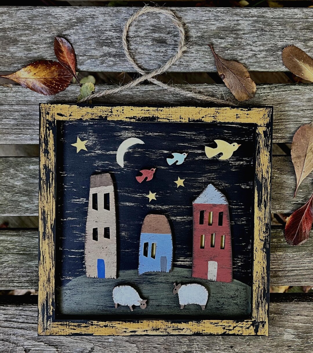 PRIMITIVE SALTBOX HOUSES Painting/original Hand Painted Wood/sheep/moon ...