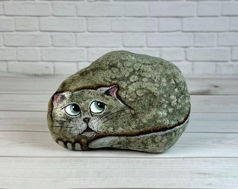 Hand Painted Natural Rock Cat. Painted Stone. Pebble Art. Cat. Rock ...