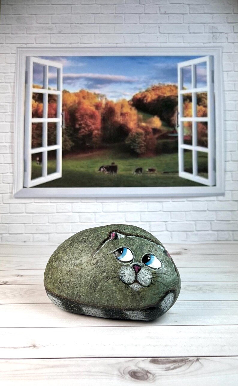 Hand Painted Natural Rock Cat. Painted Stone. Pebble Art. Cat. Rock ...