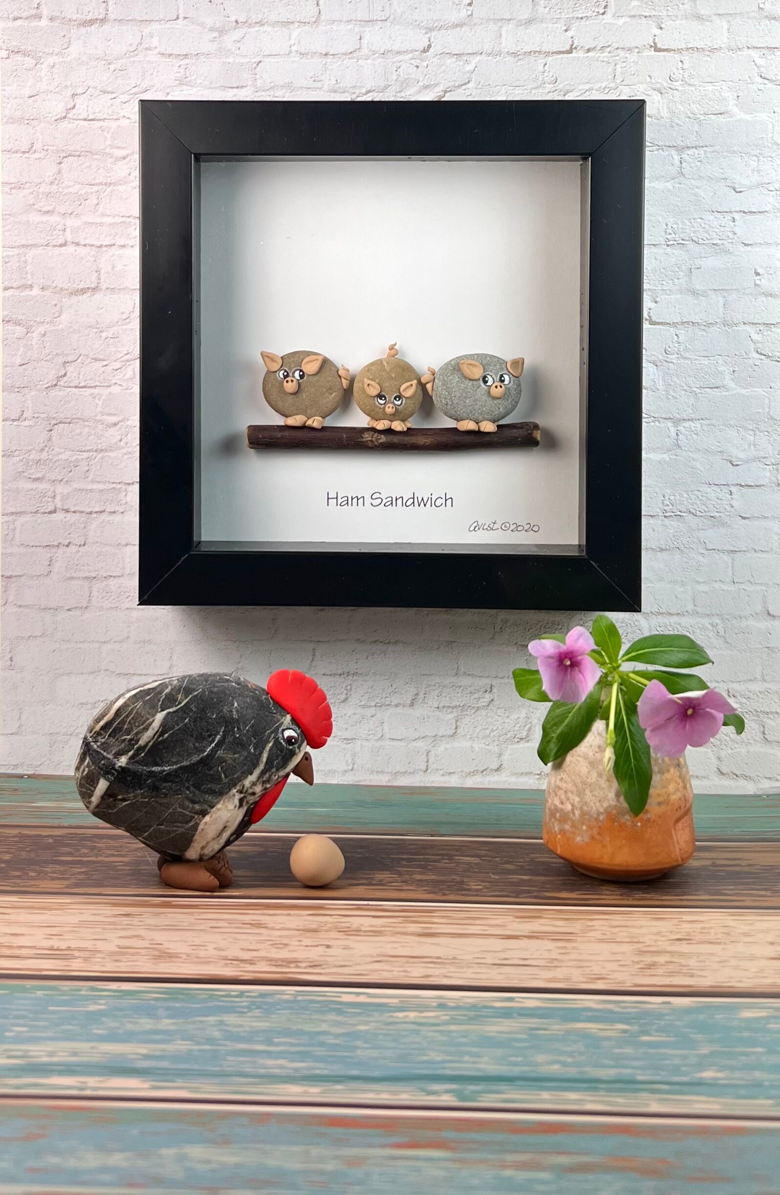 Shadow Box, Pebble Art, Rockart, Rock Chicken Shadow Box, Rock Pig ...