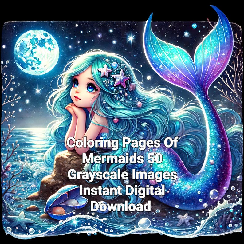 Mermaid Coloring Pages: 50 Grayscale Illustrations (digital Download ...
