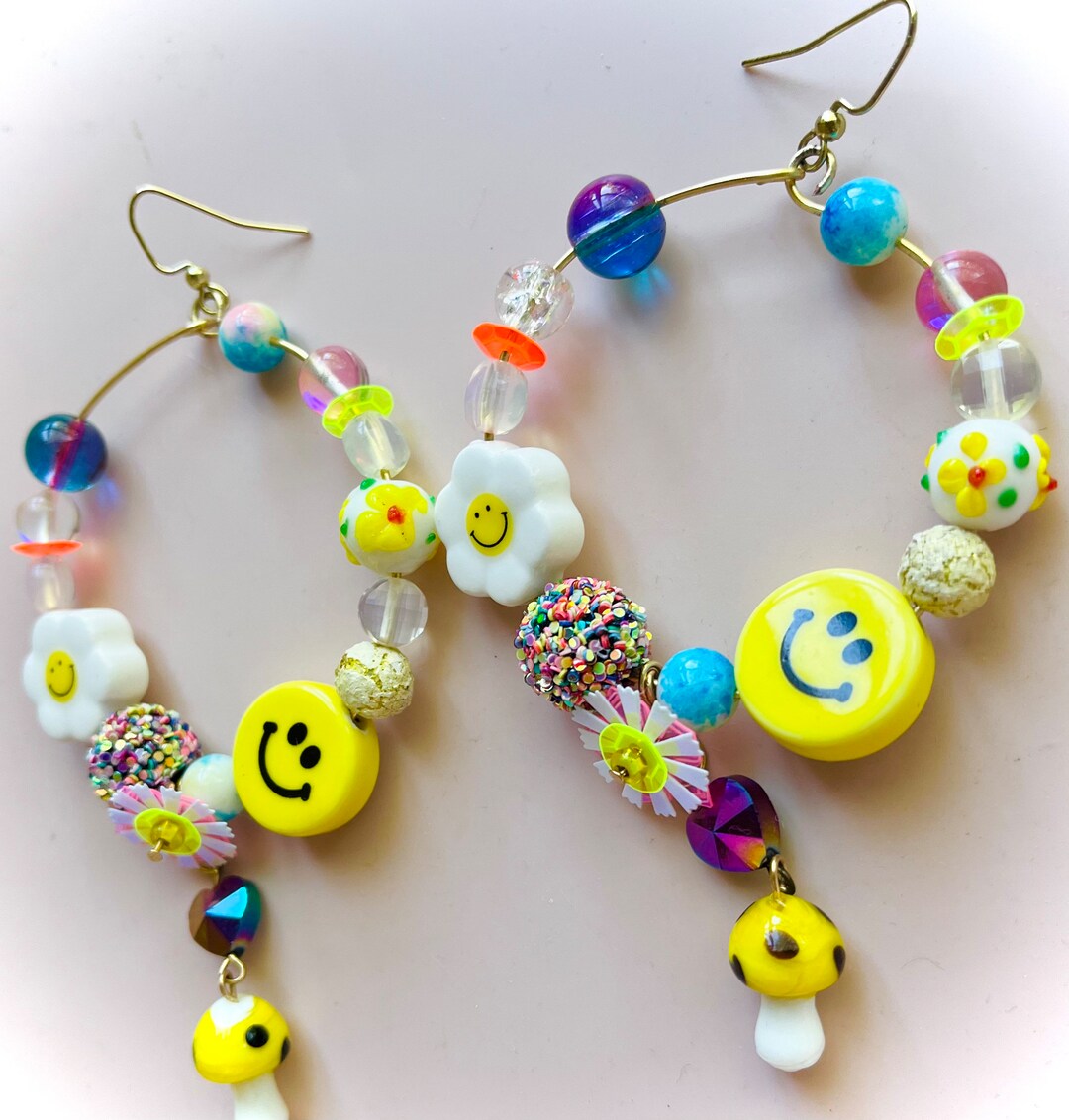Kidcore Whimsical Smiley Face Retro Mushroom Flower Happy Hoop Earrings ...
