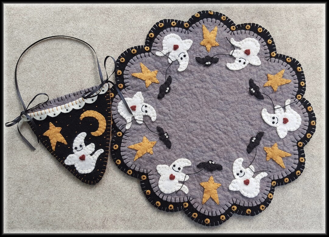 Batty & Boo~halloween/fall Penny Rug/candle Mat With Cone Pocket Set ...