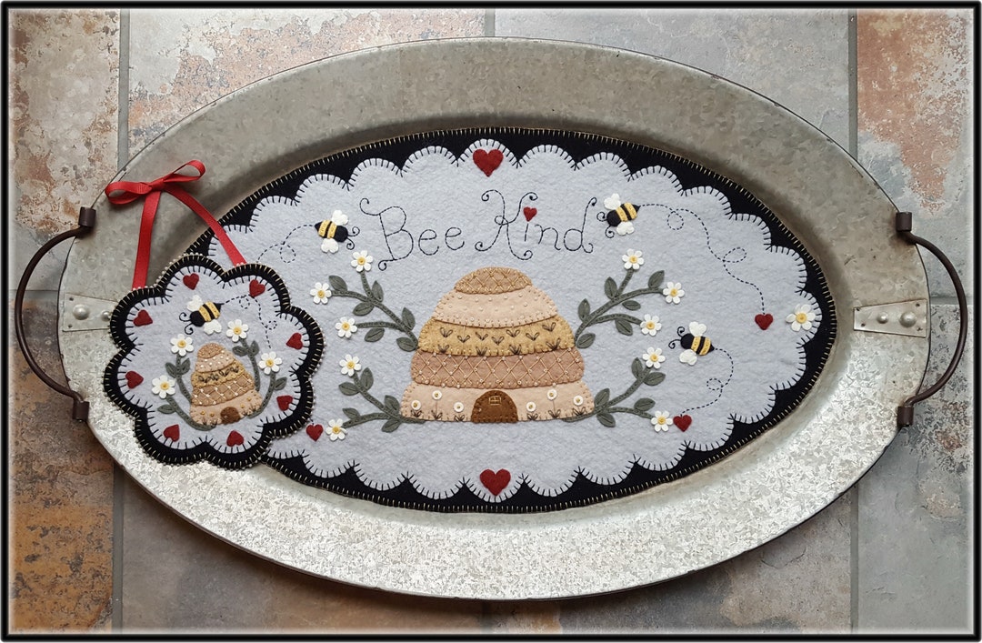 Bee Kind~bee Hive With Daisies Penny Rug/wool Applique Table Mat Tray ...
