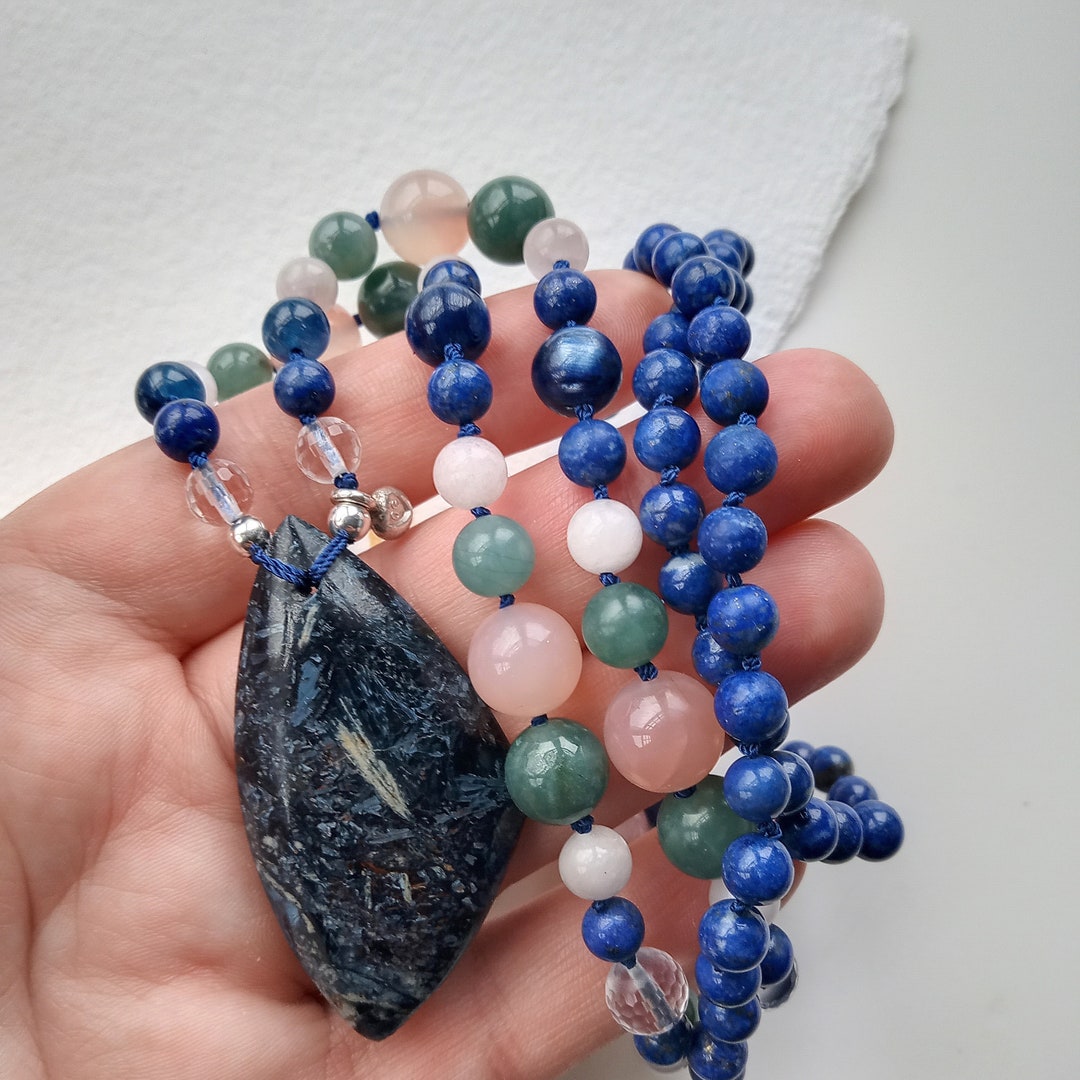 NEW Luxe 108 Bead Mala Blue Lapis Lazuli, Pink Kunzite, Pink Salt ...
