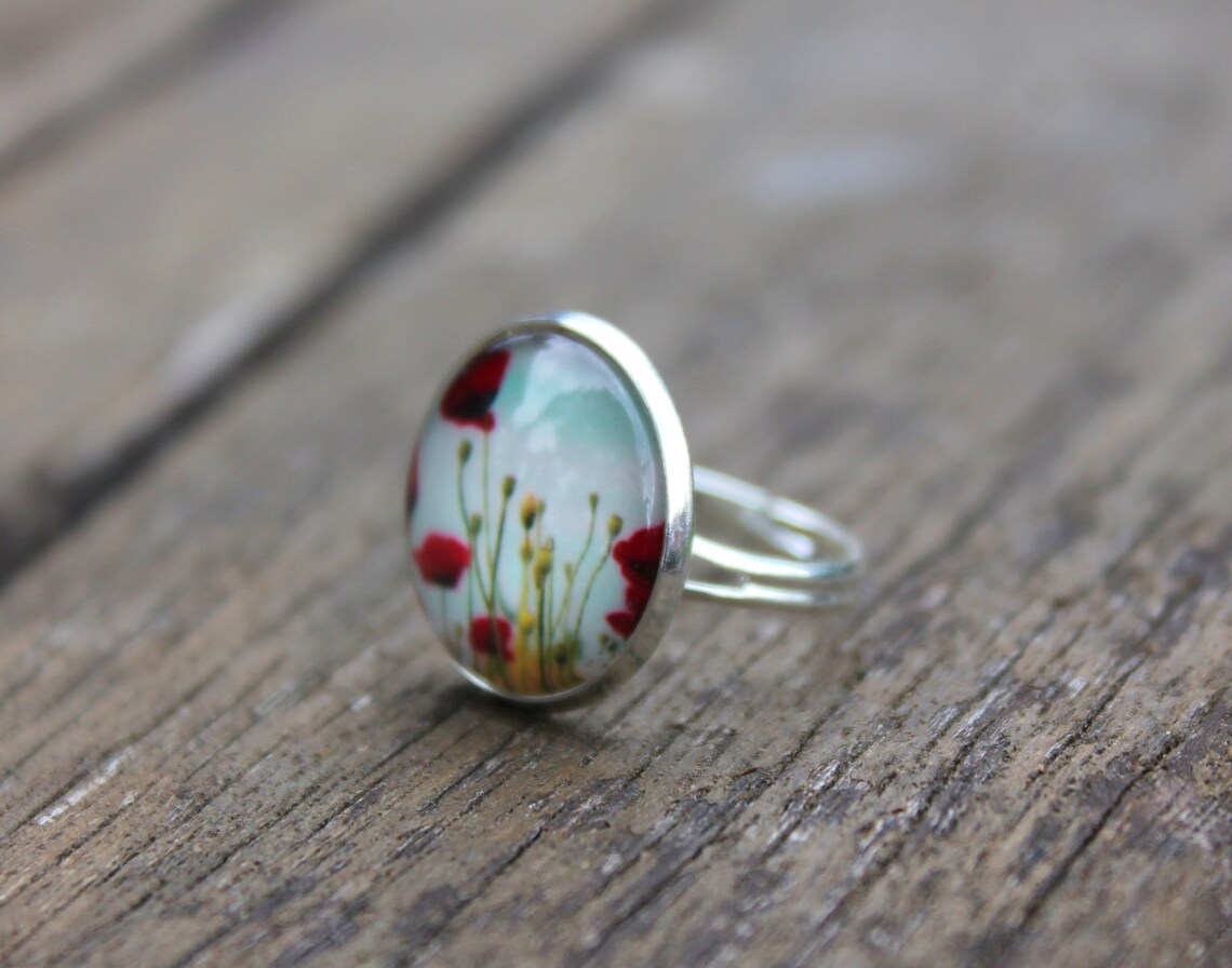 Poppy Ring Floral Fields of Poppies Glass Dome Flower Ring - Etsy