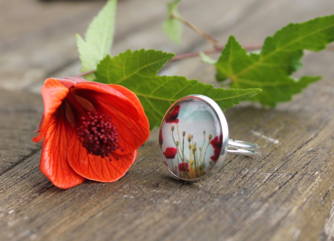 Poppy Ring Floral Fields of Poppies Glass Dome Flower Ring - Etsy
