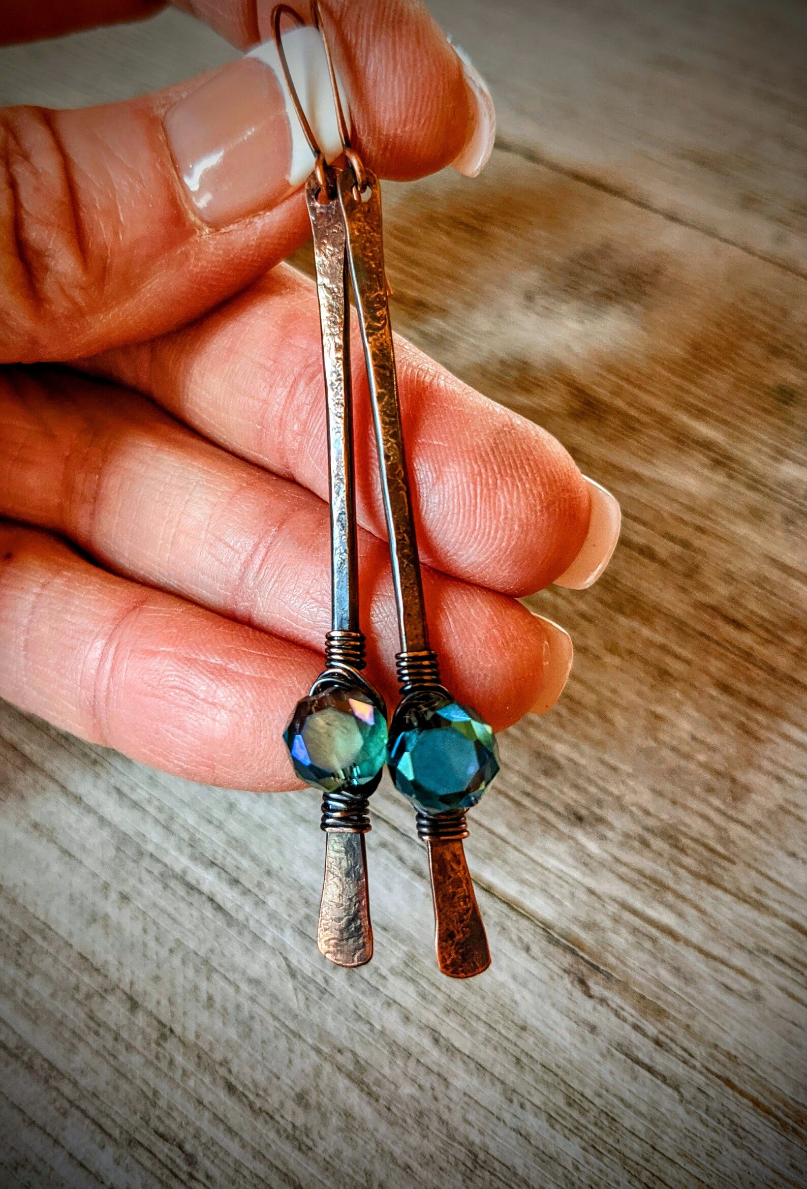 Hammered Copper Sticks With Wire Wrapped Faceted Teal Bead - Etsy UK