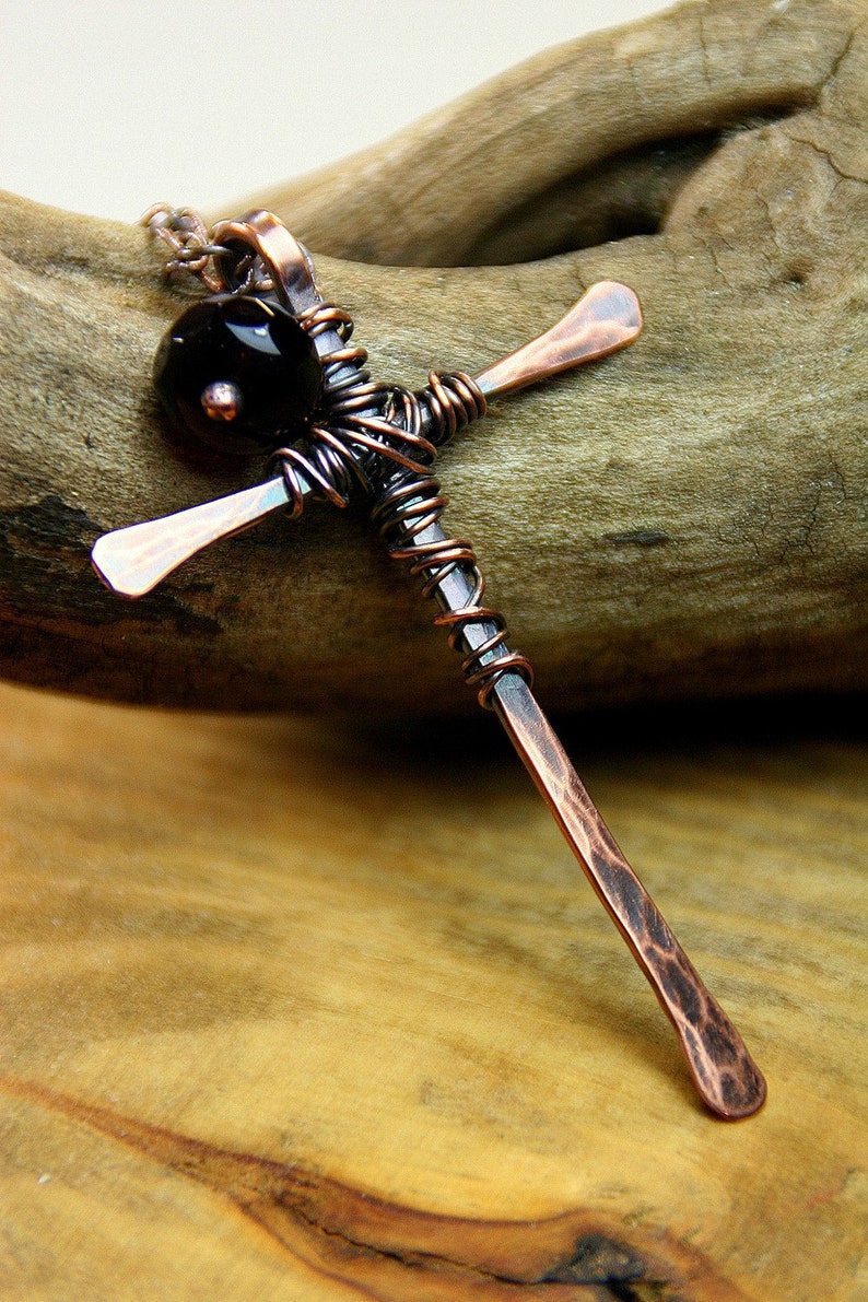 Hammered Copper Cross Pendant With Faceted Garnet Copper - Etsy