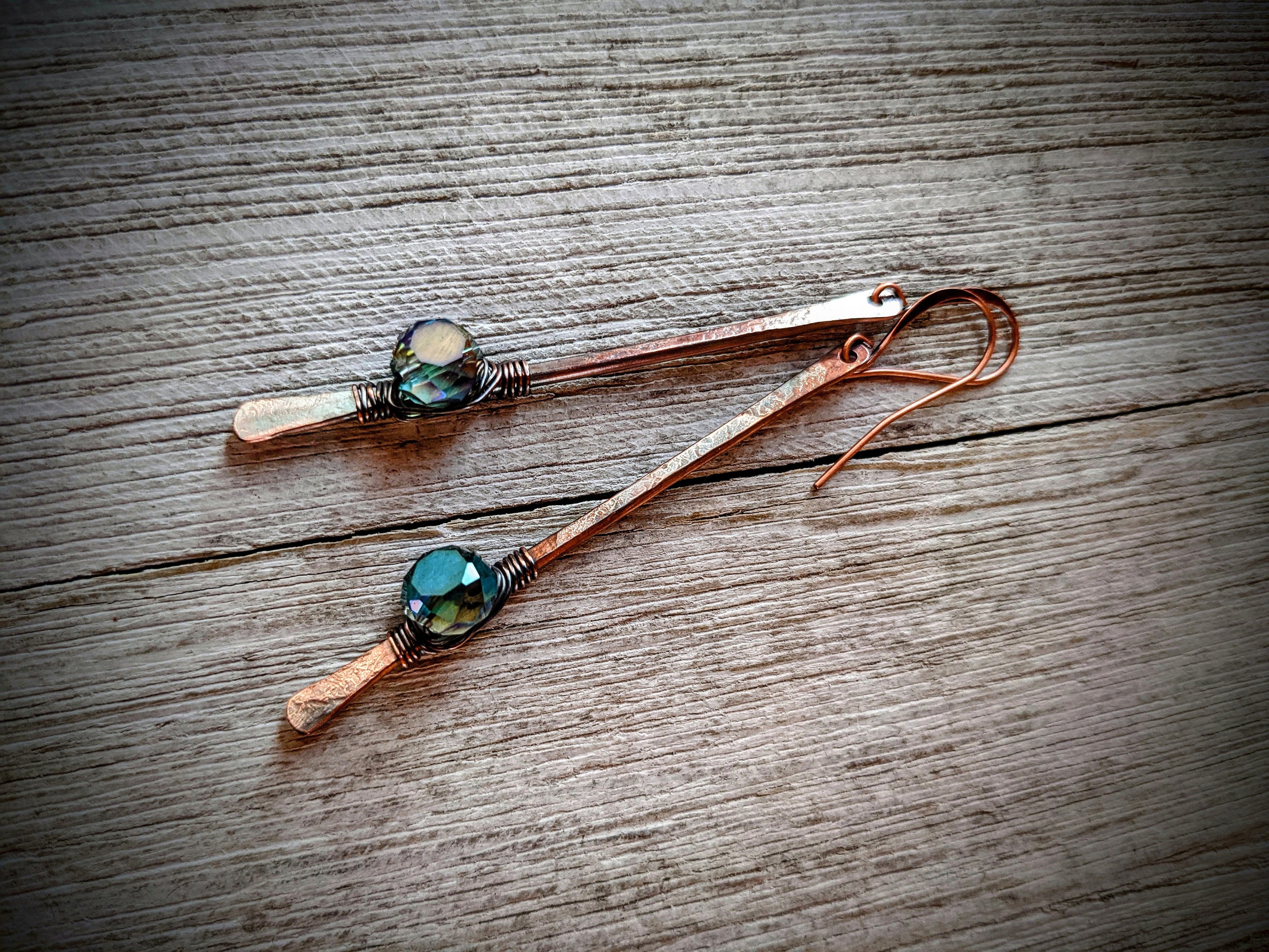 Hammered Copper Sticks With Wire Wrapped Faceted Teal Bead - Etsy UK